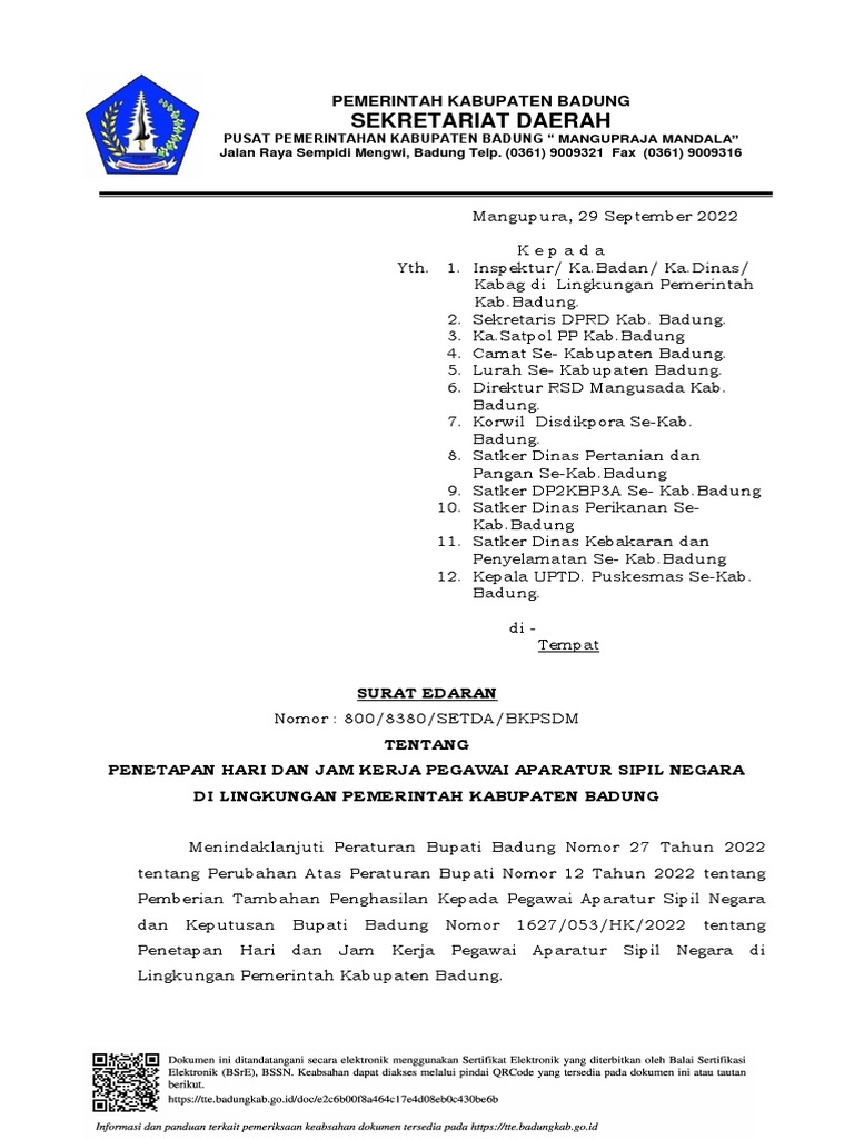 diskes-SURAT EDARAN PENETAPAN HARI DAN JAM KERJA PEGAWAI APARATUR SIPIL NEGARA DI LINGKUNGAN ...