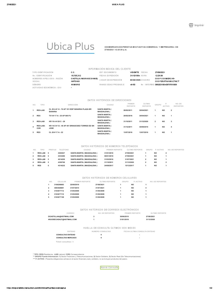 Informe de Ubica Plus TransUnion | PDF
