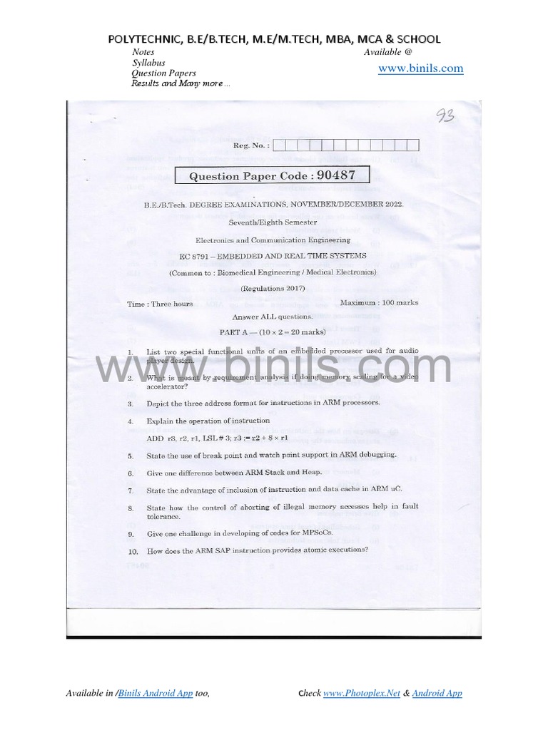 EC 8791 Embedded and Real Time Systems Old Question Paper | PDF | Computers | Technology ...
