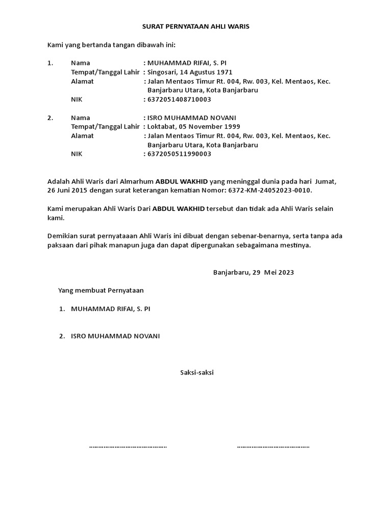 SURAT PERNYATAAN AHLI WARIS | PDF