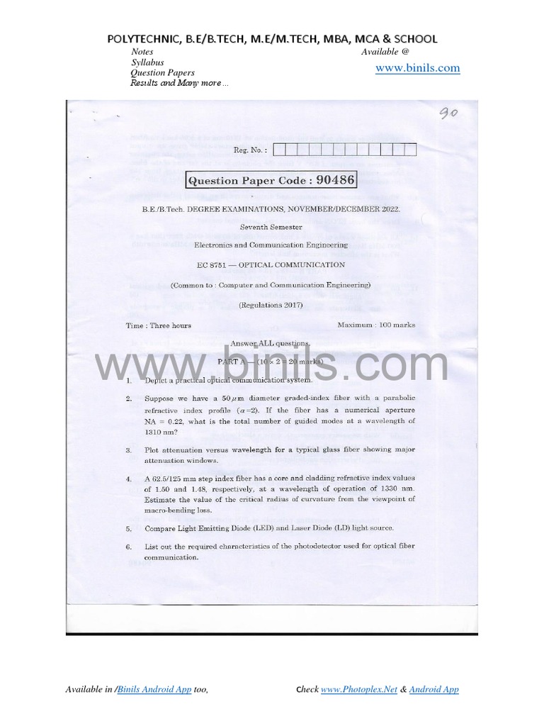 EC 8751 Optical Communication Anna University Question Paper | PDF