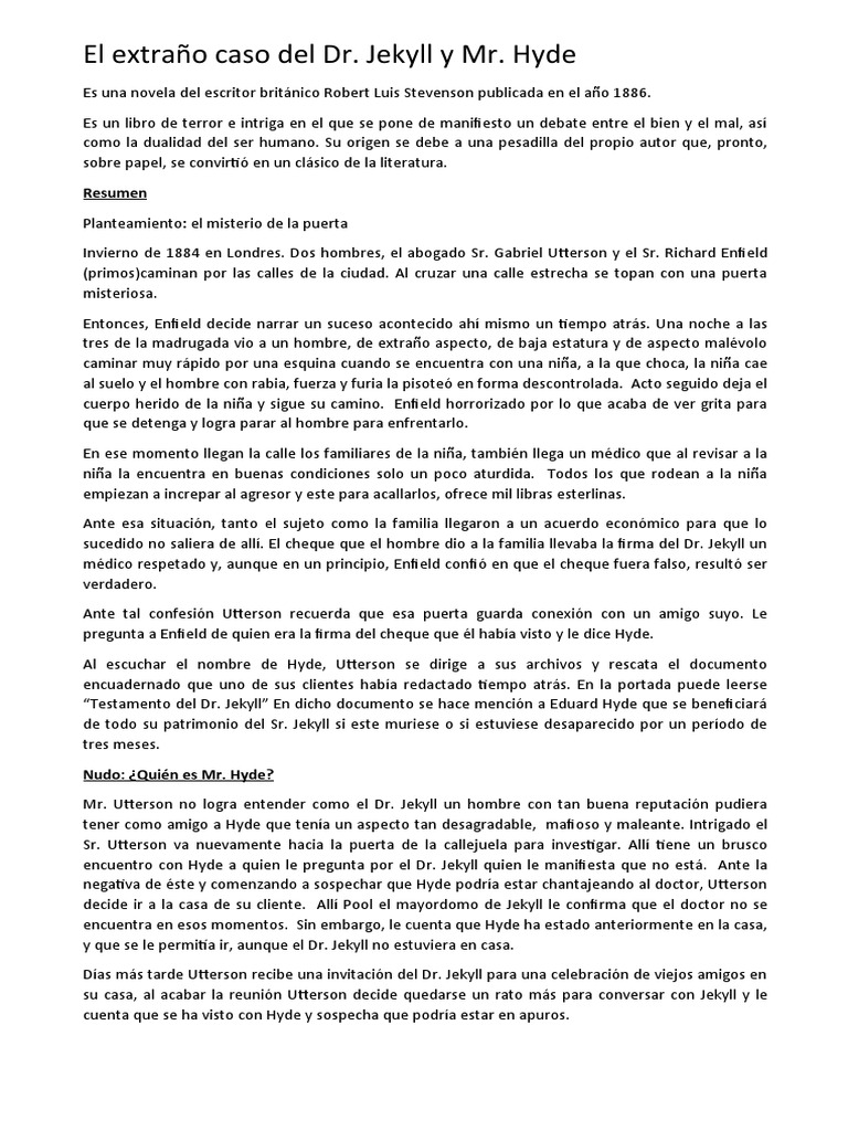 El Extraño Caso Del Dr. Jekyll Resumen | PDF | Extraño caso del Dr. Jekyll y el Sr. Hyde