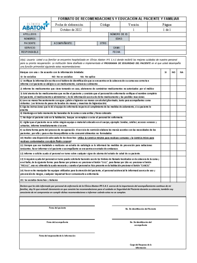5.2. Formato para Entrega de Recomendaciones y Educación Al Paciente y ...
