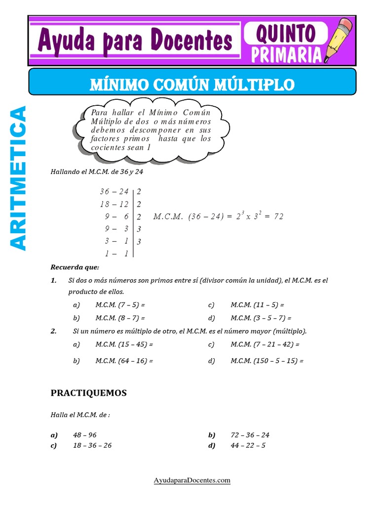 Actividades de Minimo Comun Multiplo para Quinto de Primaria | PDF ...