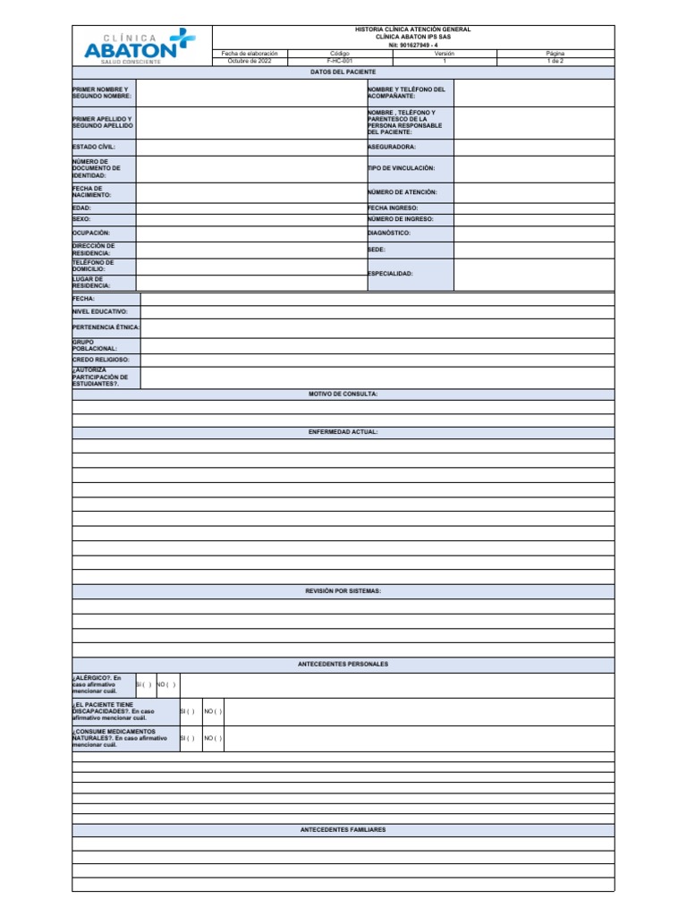 f Hc 001 Hc Atención General v1 | PDF | Historial médico | Examen físico