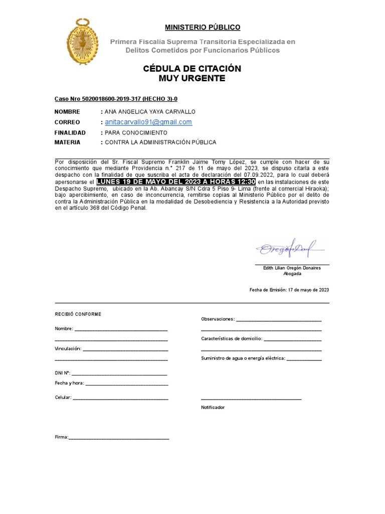 Cedula Notificacion Angelica Yaya - CF 317-2019 - h3 | PDF Cedula Notificacion Angelica Yaya - CF 317-2019 - h3 | PDF