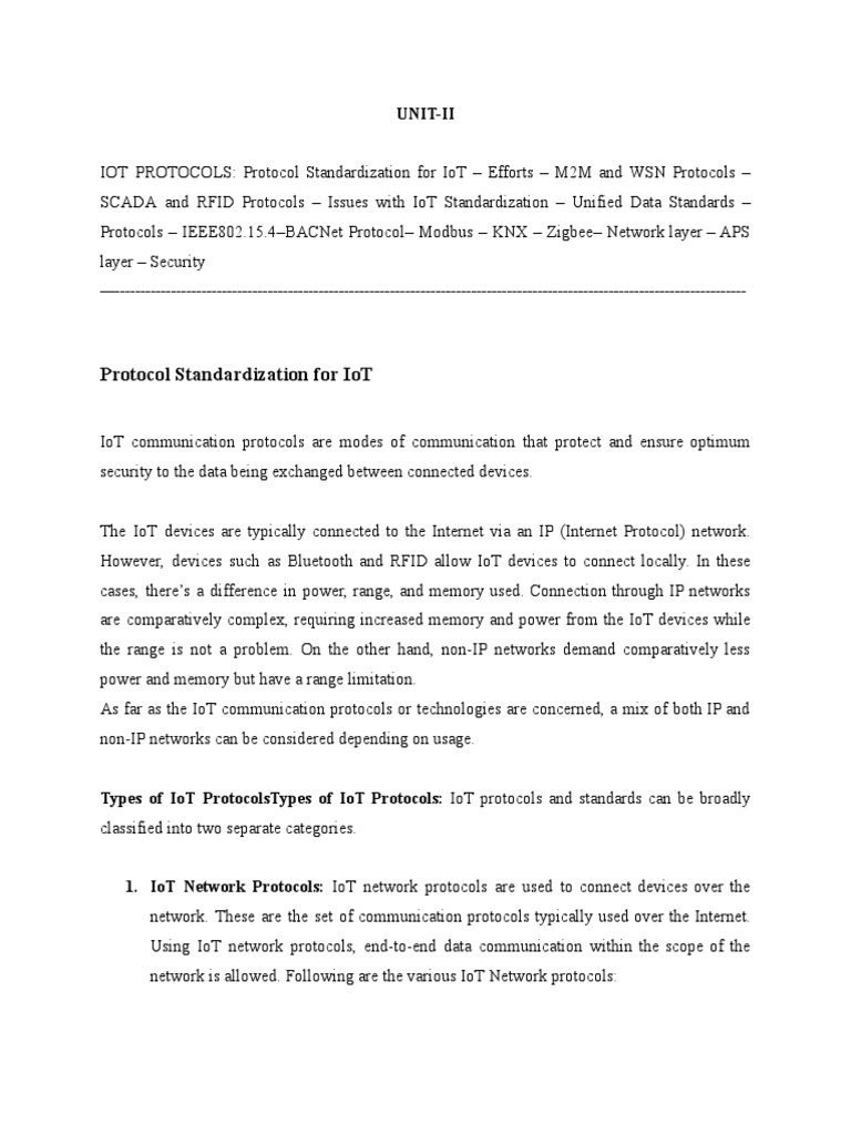 Protocol Standardization For Iot: Unit-Ii | PDF | Internet Of Things | Computer Network