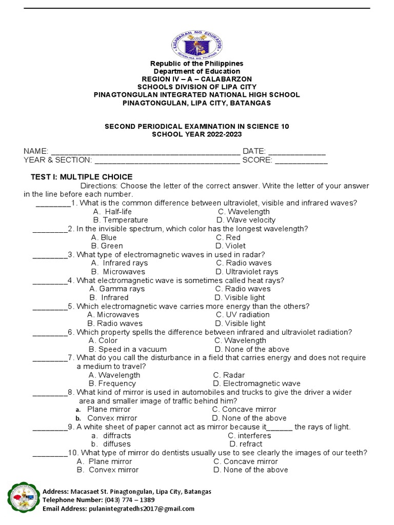 Science 10 Periodical Exam: Light Waves | PDF | Science & Mathematics