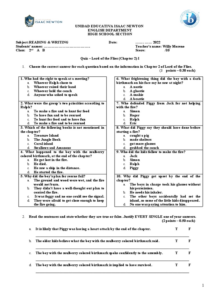 Quiz - Lord of The Flies Chapter 2 | PDF