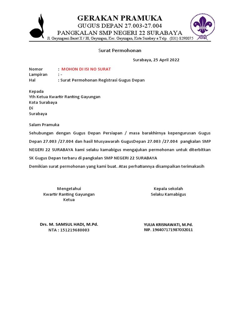 Surat Permohonan GUGUS DEPAN SMP N 22 | PDF