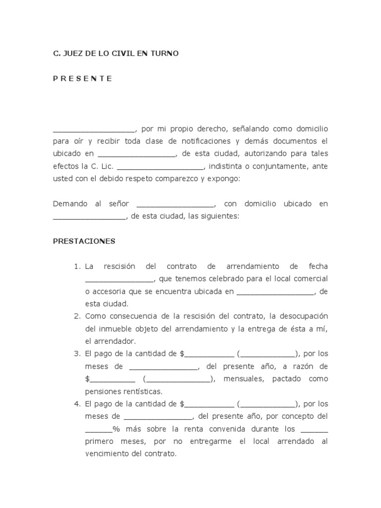 Demanda de Rescisión de Arrendamiento | PDF | Demanda judicial | Ley común