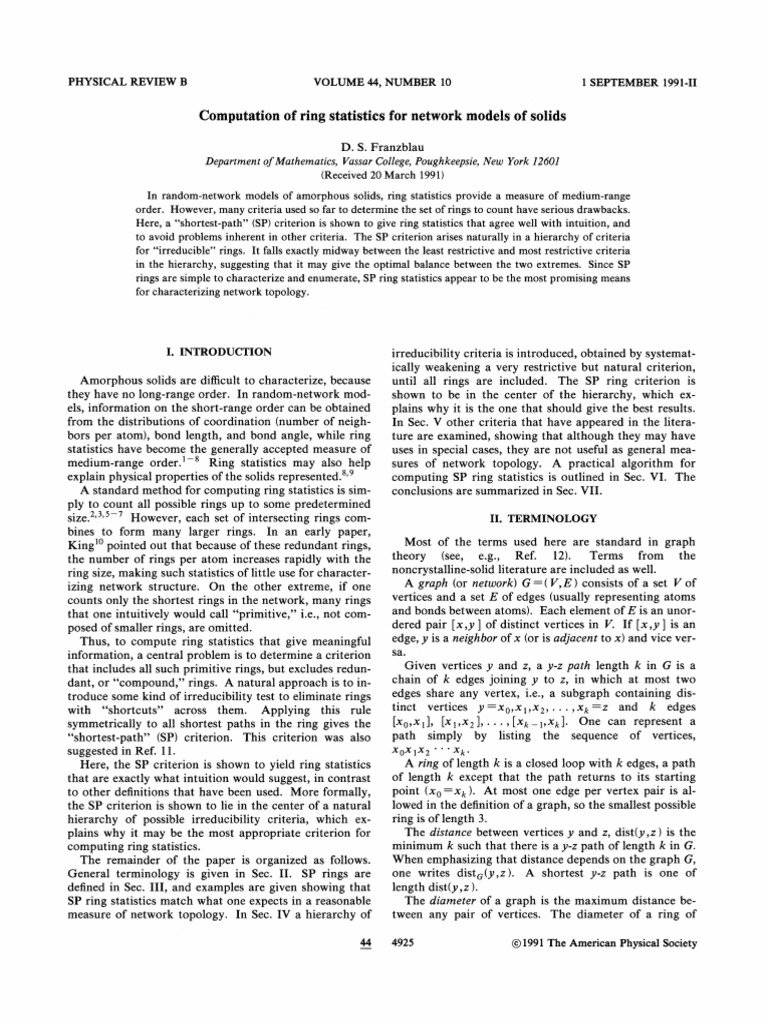 Computation of Ring Statistics For Network Models of Solids | PDF | Vertex (Graph Theory) | Ring ...