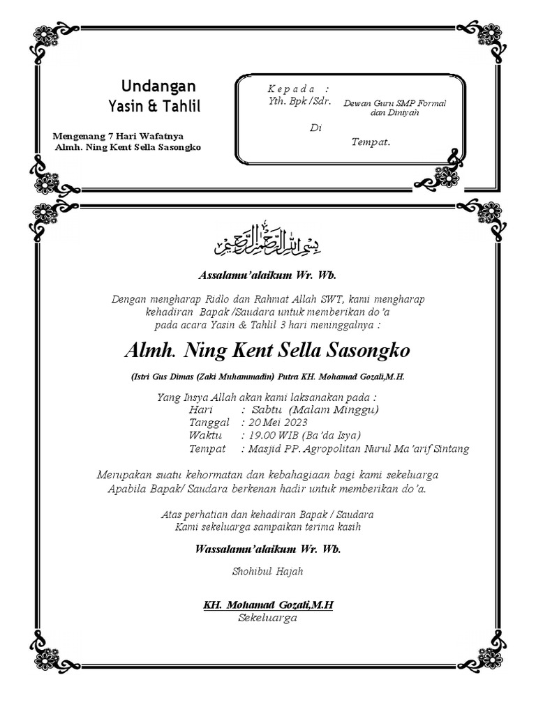 Undangan Tahlil 7 Hari | PDF