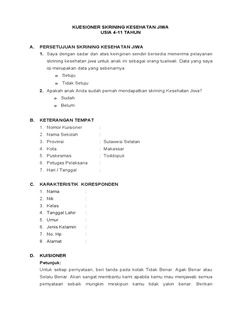 KUESIONER SKRINING JIWA USIA 4-11 TH | PDF