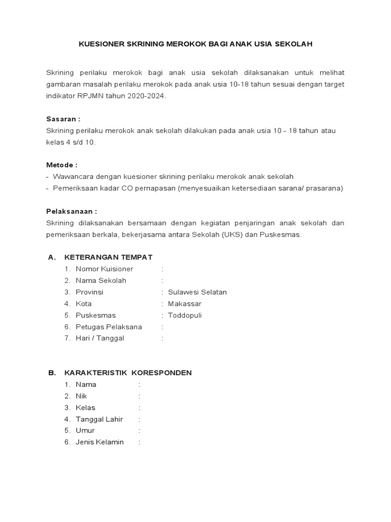 Kuesioner Skrining Merokok Bagi Anak Usia Sekolah | PDF