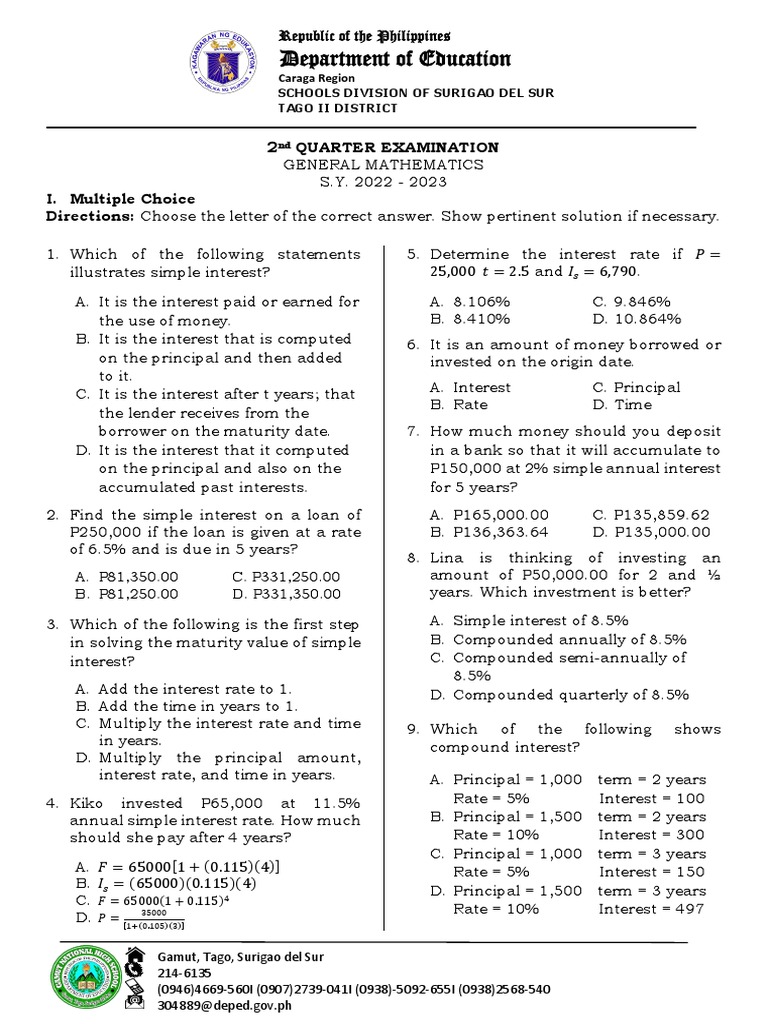 General-Mathematics-Quarter-2-Examination | PDF | Bonds (Finance) | Interest