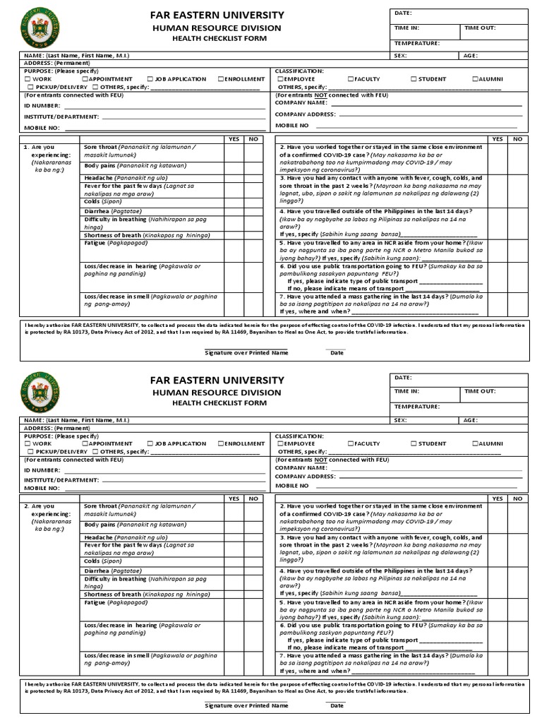 FEU - Health Checklist Form | Download Free PDF | Common Cold | Causes ...