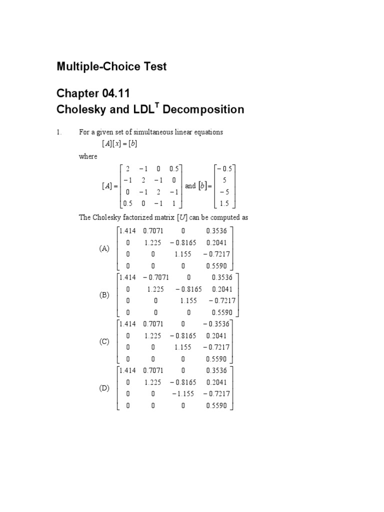 Quiz 04sle Cholesky Pdf Matrix Mathematics System Of Linear Equations