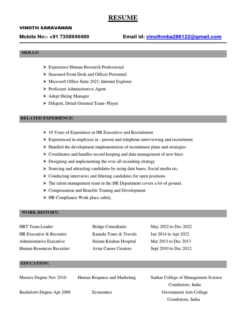 Resume For HR Job in Bangalore Location | PDF