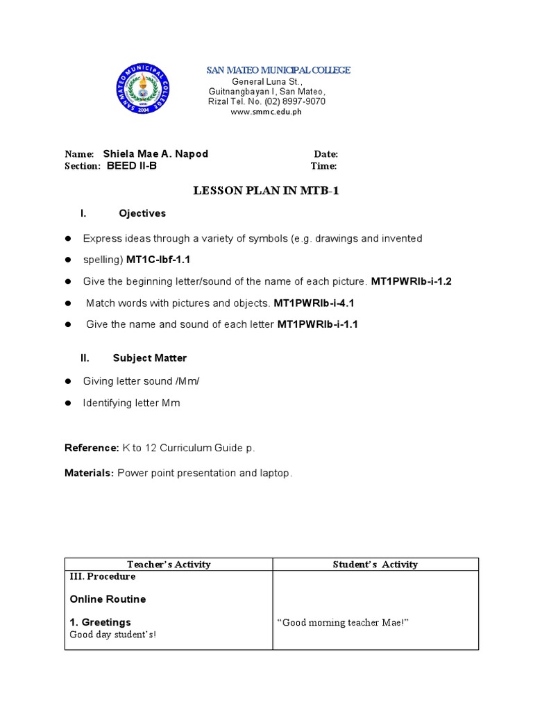 Lesson Plan in MTB1 | PDF