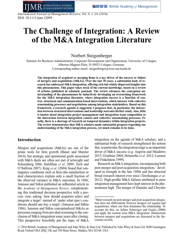 The Challenge of Integration: A Review of The M&A Integration ...