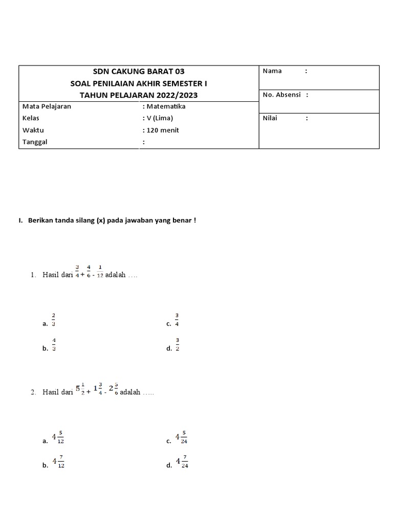 Soal Pas MTK Kls 5 Ganjil | PDF