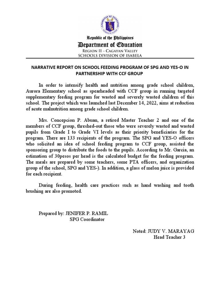 Narrative Report On Feeding Program CCF | PDF