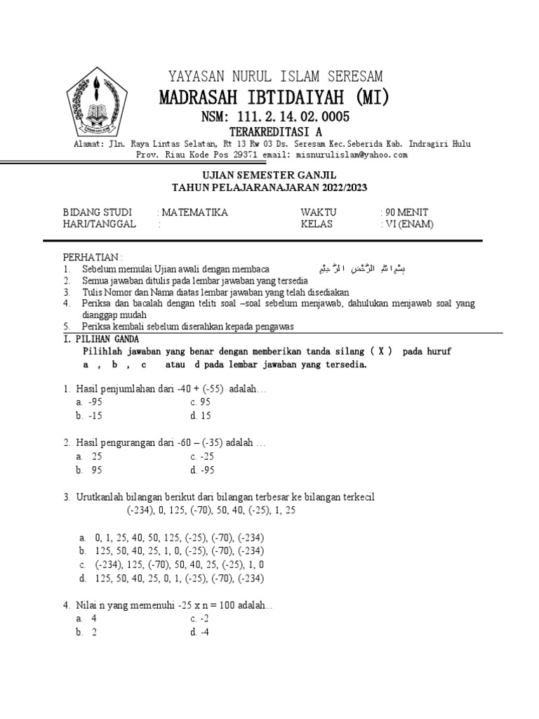 Soal Ujian MTK Kelas 6 Ganjill | PDF