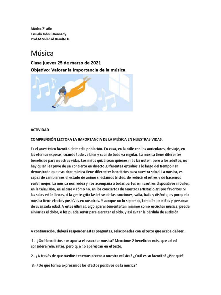 Comprensión Lectora La Importancia de La Música en Nuestras Vidas | PDF