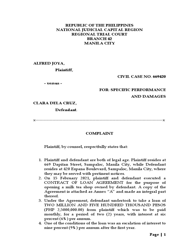 Sample Complaint For Specific Performance With Damages | PDF | Lawsuit | Damages