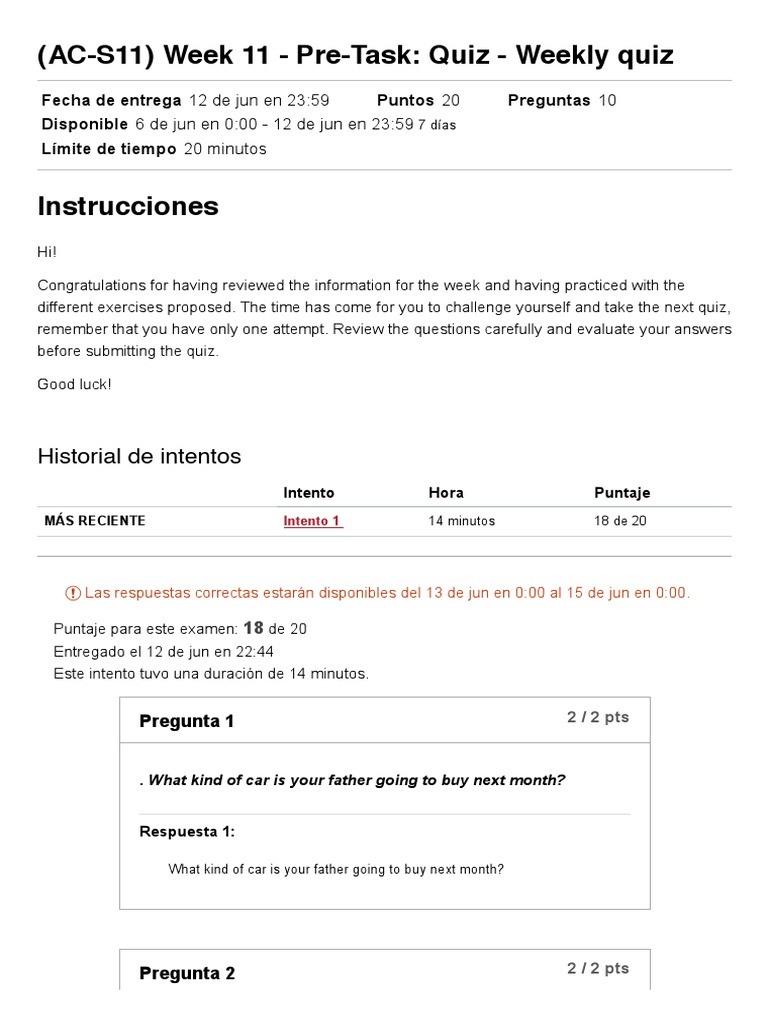 (AC-S11) Week 11 - Pre-Task - Quiz - Weekly Quiz - INGLES IV (30468) | PDF