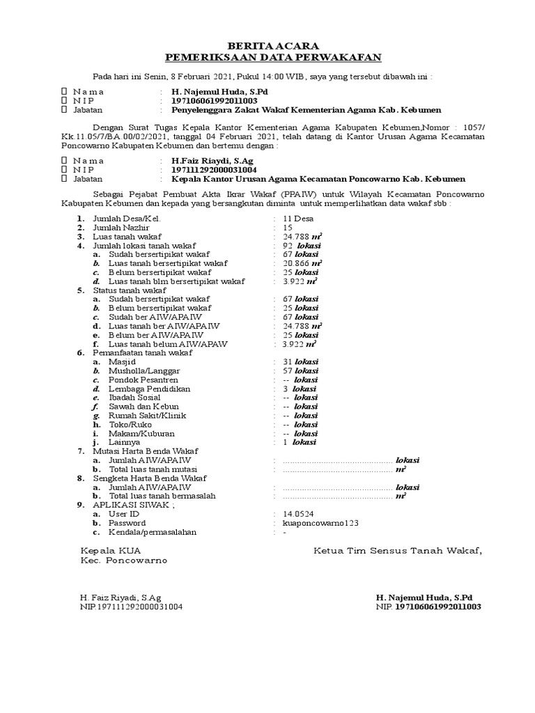 Data Sensus Tanah Wakaf 2021 KUA Poncowarno | PDF