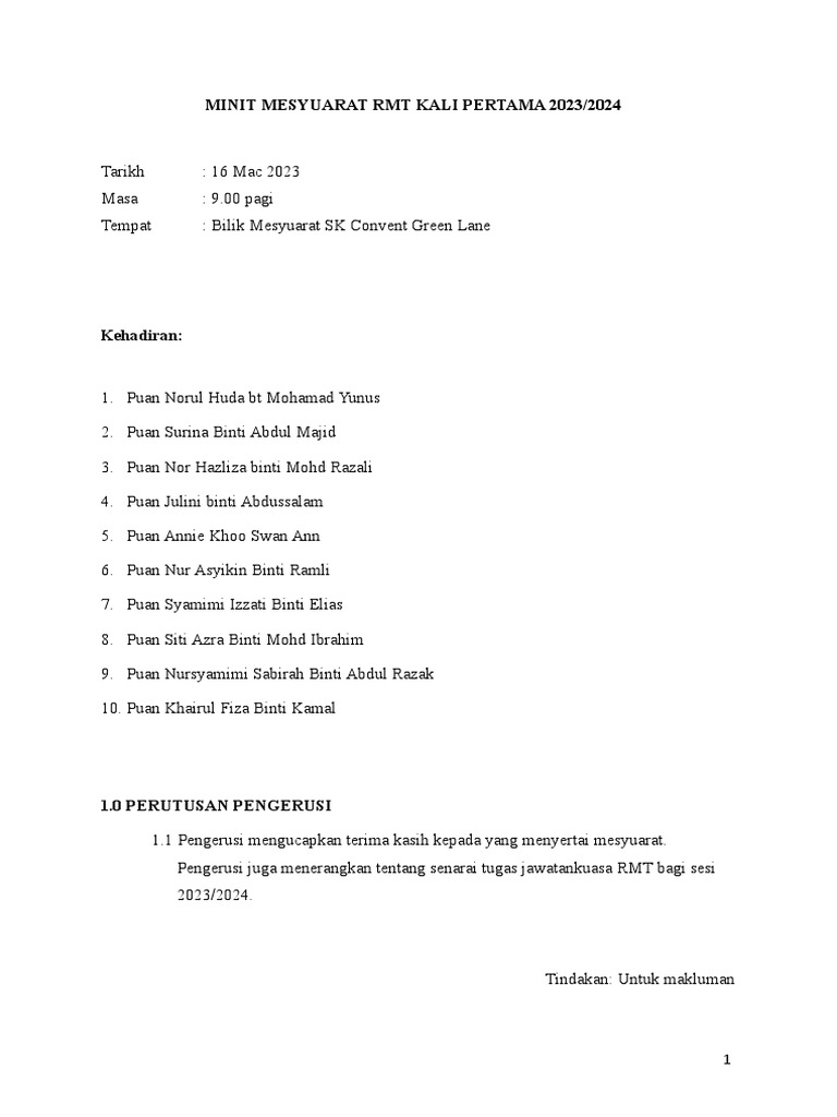 Minit Mesyuarat RMT 1 | PDF
