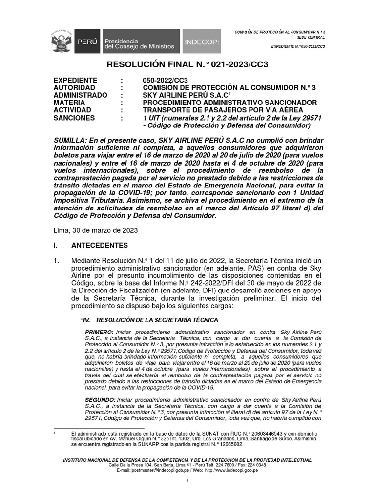 RESOLUCIÓN FINAL N.° 021-2023/CC3: Comisión de Protección Al Consumidor N.º 3 Sede Central | PDF ...