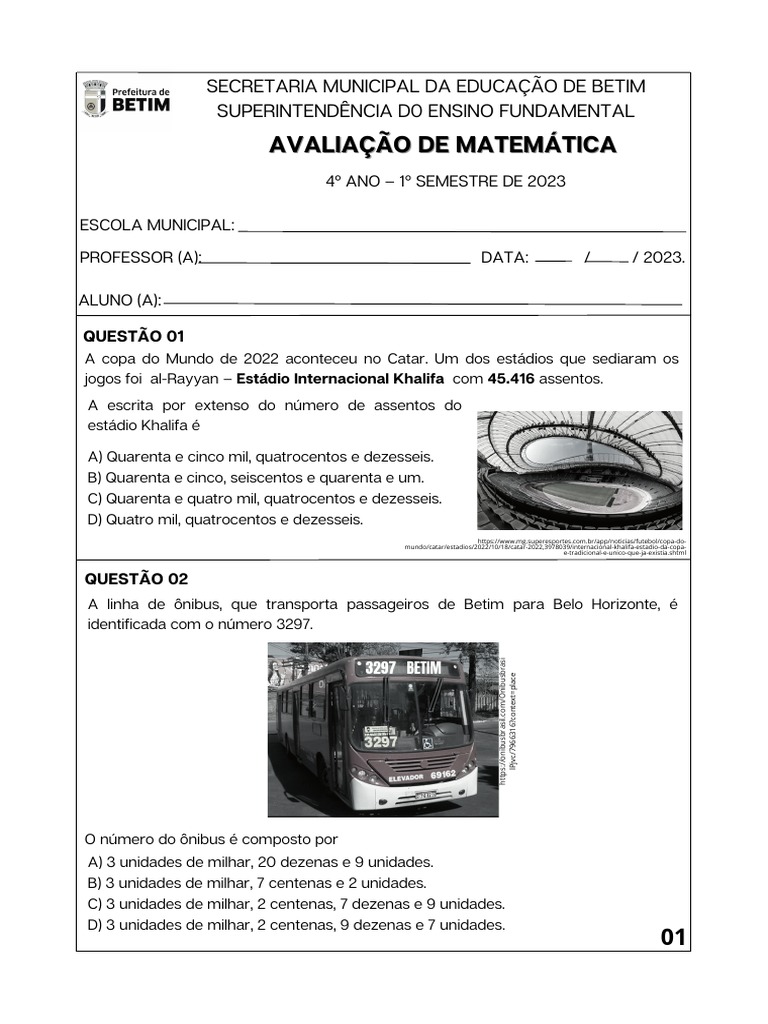 Avalia Betim 2023 - 4º ANO MATEMÁTICA | PDF | Metro