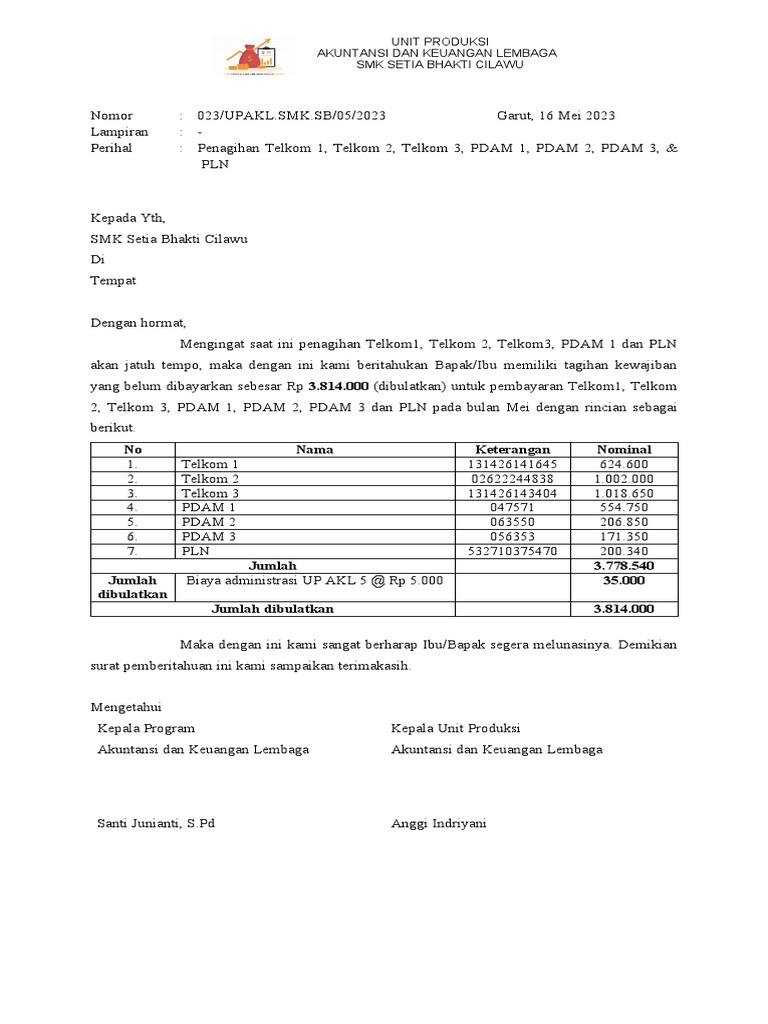 Surat Tagihan Utilitas | PDF