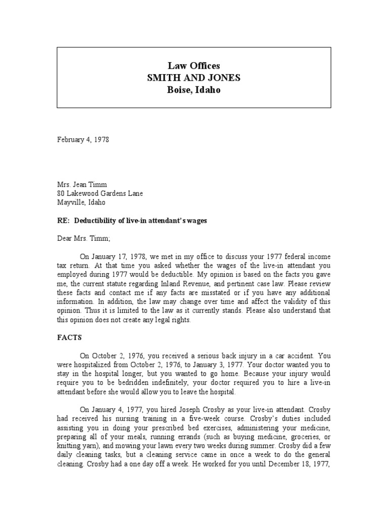 Sample Opinion Letter | PDF | Expense | Tax Deduction