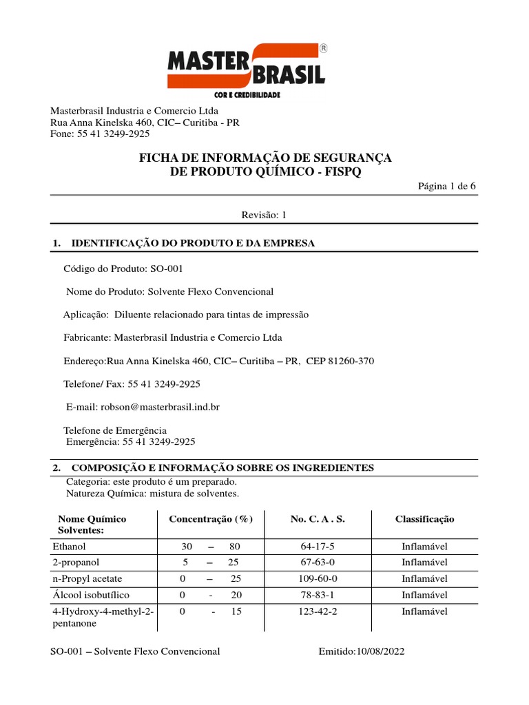 FISPQ SO-001 - Solvente Flexo Convencional | PDF