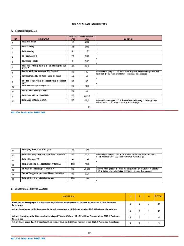 RPK Bulanan Gizi Maret 2023 | PDF