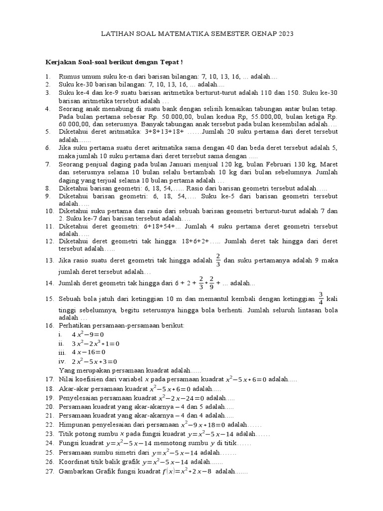 Latihan Soal Matematika Kelas X Genap 2022-2023 | PDF