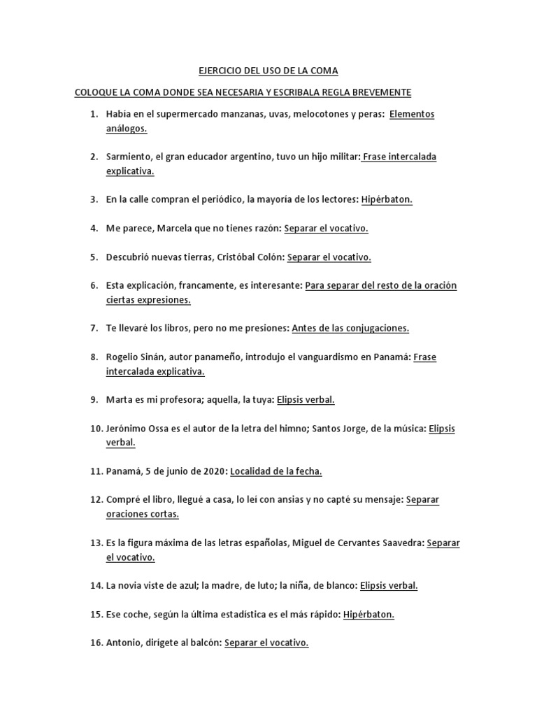 Ejercicios Prácticos de Uso de la Coma | PDF