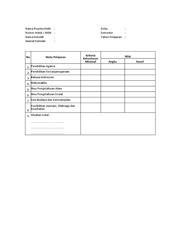 Format Raport SD Lengkap dan Contoh | PDF