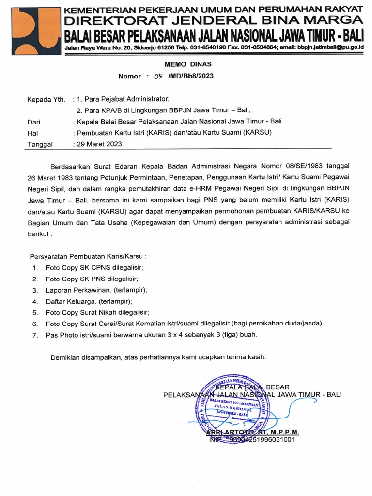 Memo Dinas Pengurusan Karis - Karsu | PDF