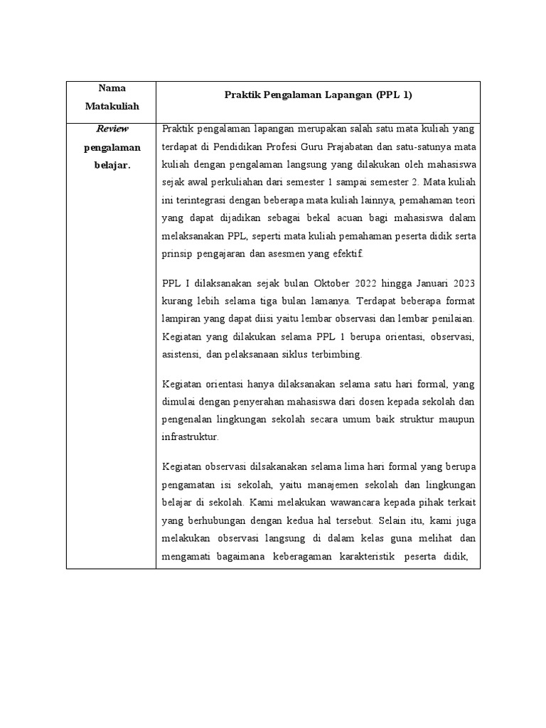 Jurnal Refleksi MK Praktik Pengalaman Lapangan (PPL 1) | PDF
