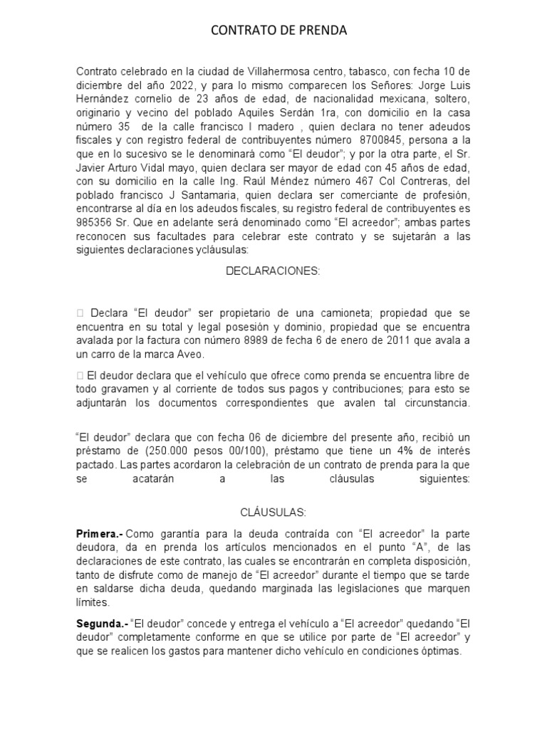 Contrato de Prenda | PDF | Derecho civil (sistema legal) | Ley común