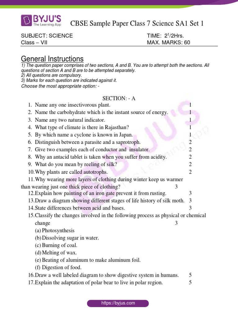 CBSE Sample Paper Class 7 Science SA1 Set 1 | PDF | Rain | Digestion