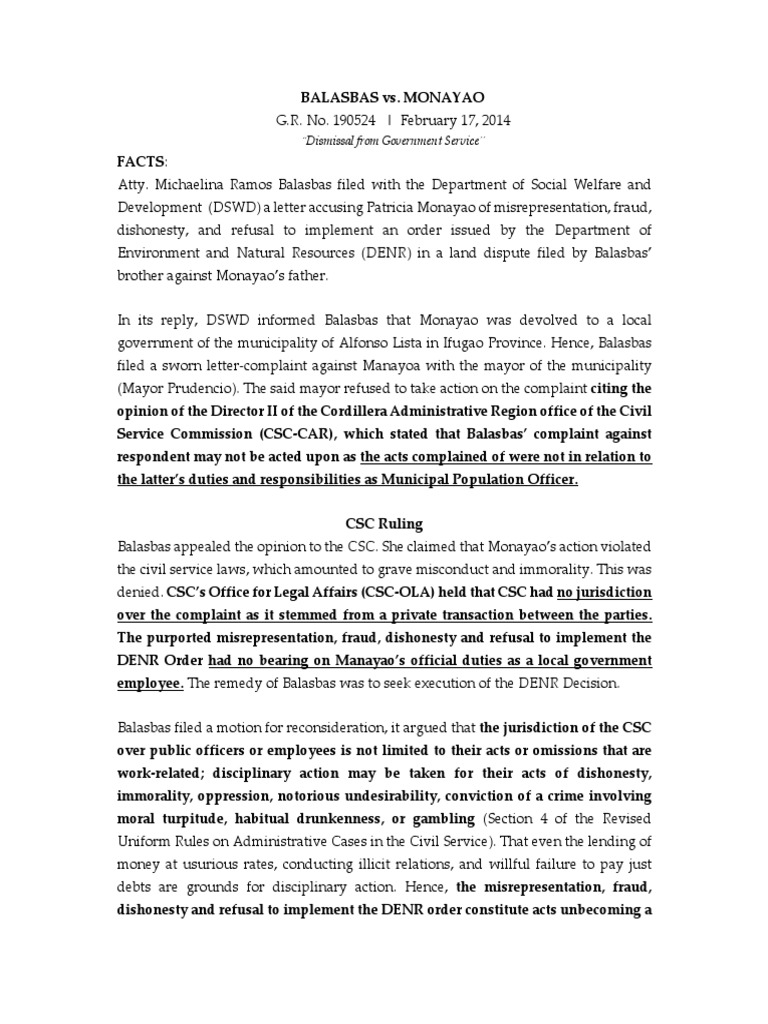 Dismissal Case: Balasbas vs. Monayao | PDF | Social Science | Law