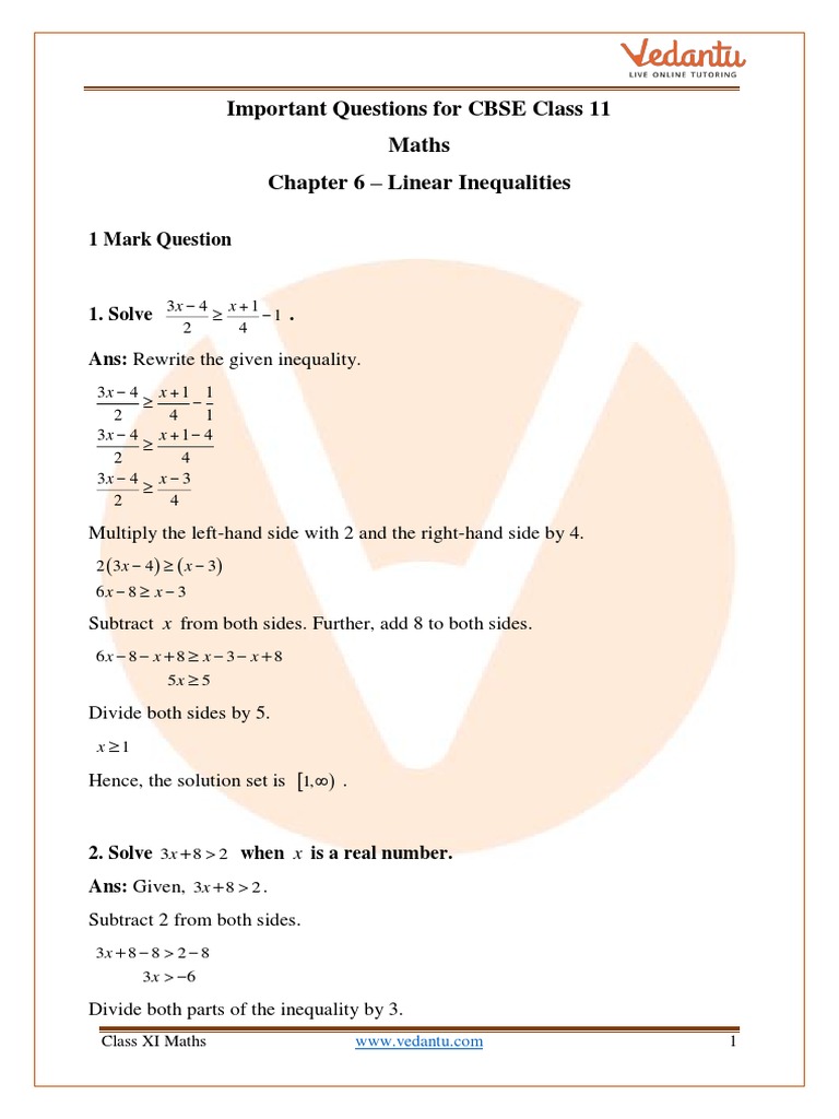 CBSE Class 11 Maths Chapter 6 - Linear Inequalities Important Questions 2022-23 | PDF ...