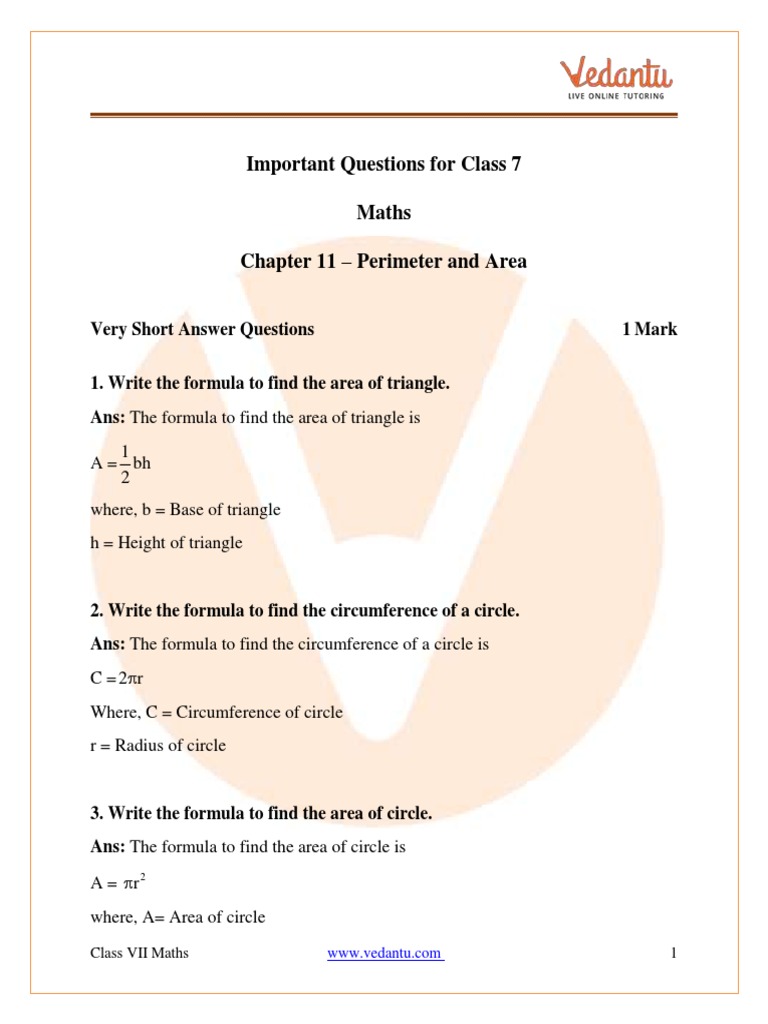 Important Questions Class 7 Ch. 11 | PDF | Area | Circle