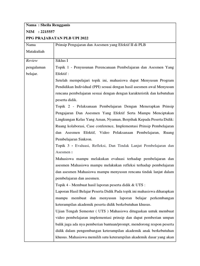 Jurnal Refleksi - Sheila Rengganis - Prinsip Pengajaran Dan Asesmen Yang Efektif II Di PLB | PDF